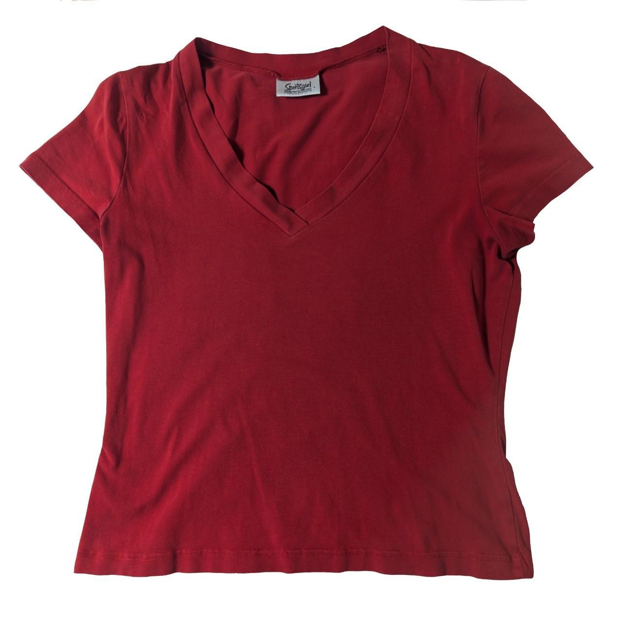 red v-neck cotton top stitches coming undone in some... | Depop