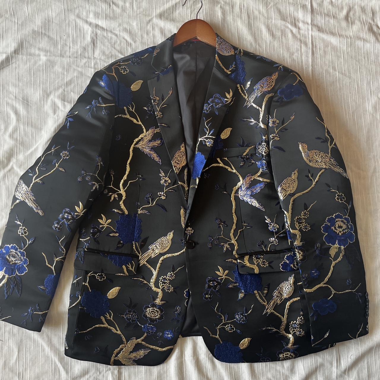 The most unique blazer ever! Black blue and gold... - Depop