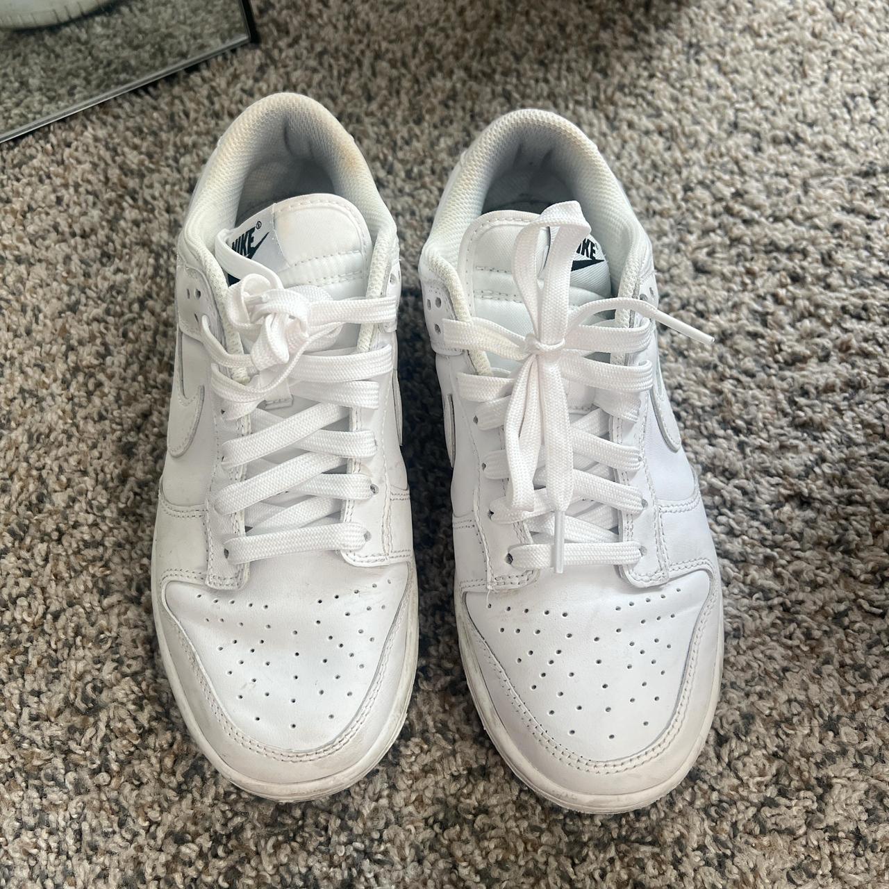 All white Nike dunks size 7; has minor stains and is... - Depop