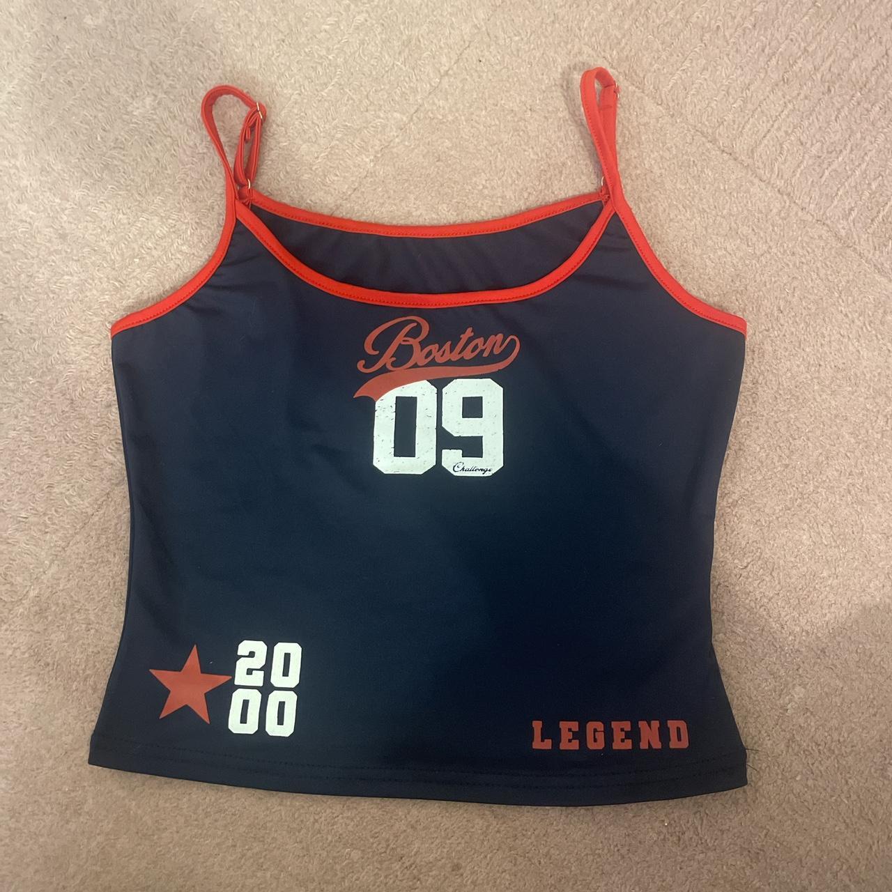 Navy and red Boston tank top- cropped... | Depop