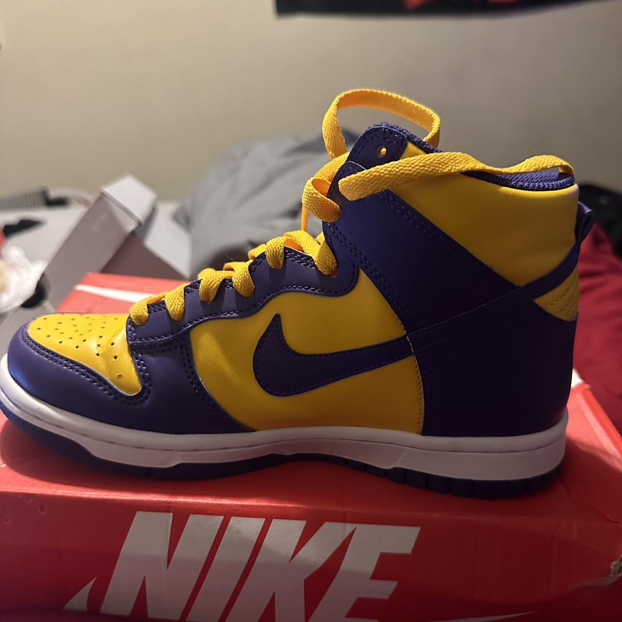 Purple/Yellow hightop dunks Size: 4.5Y - Depop