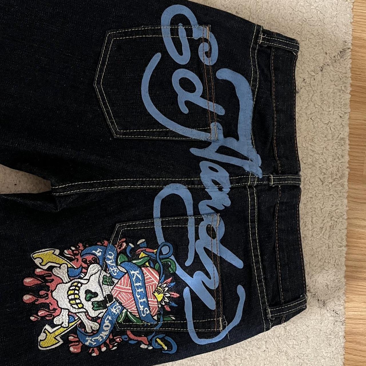 Ed Hardy black and blue denim jeans... - Depop