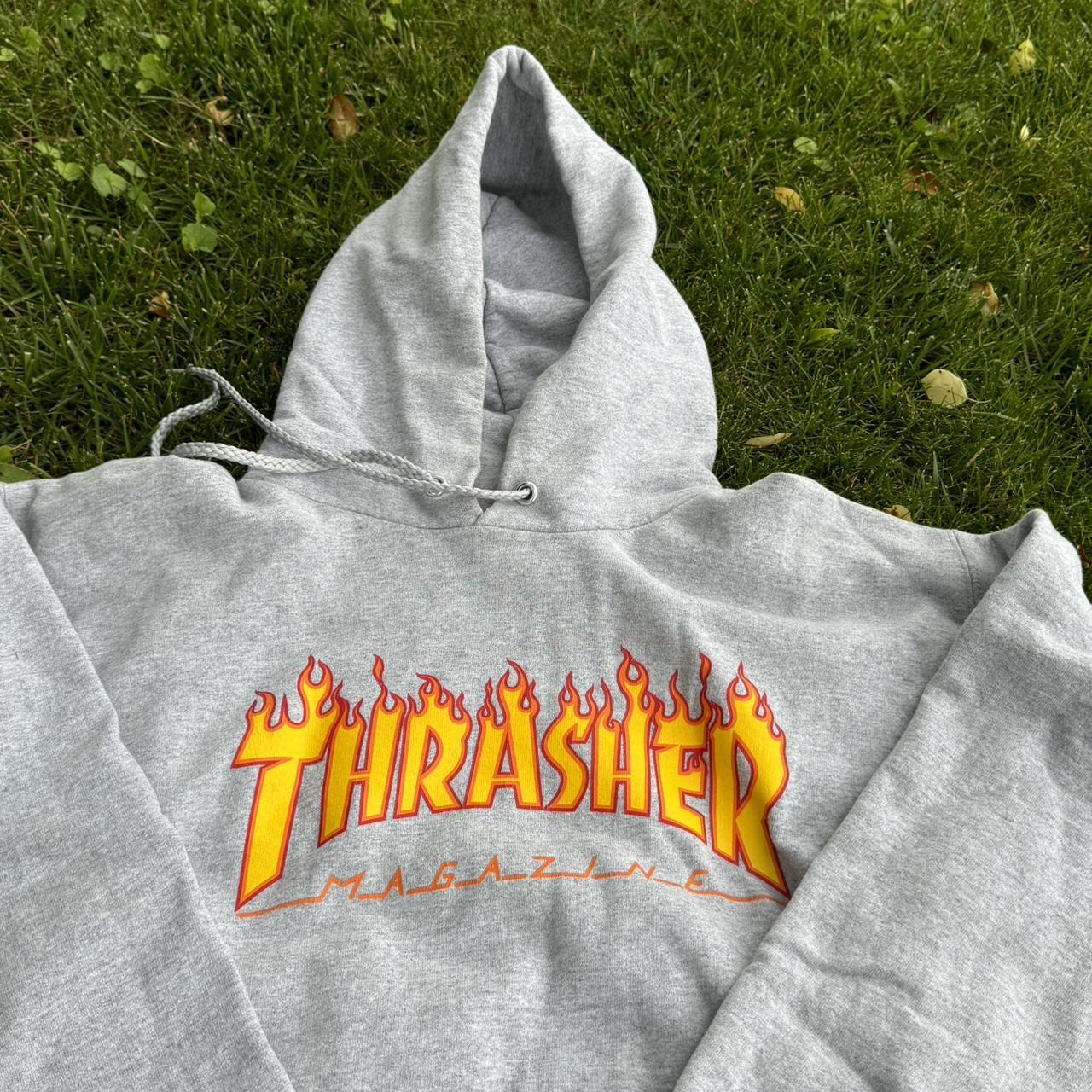Thrasher Skateboarding Magazine Flame Logo grey... - Depop