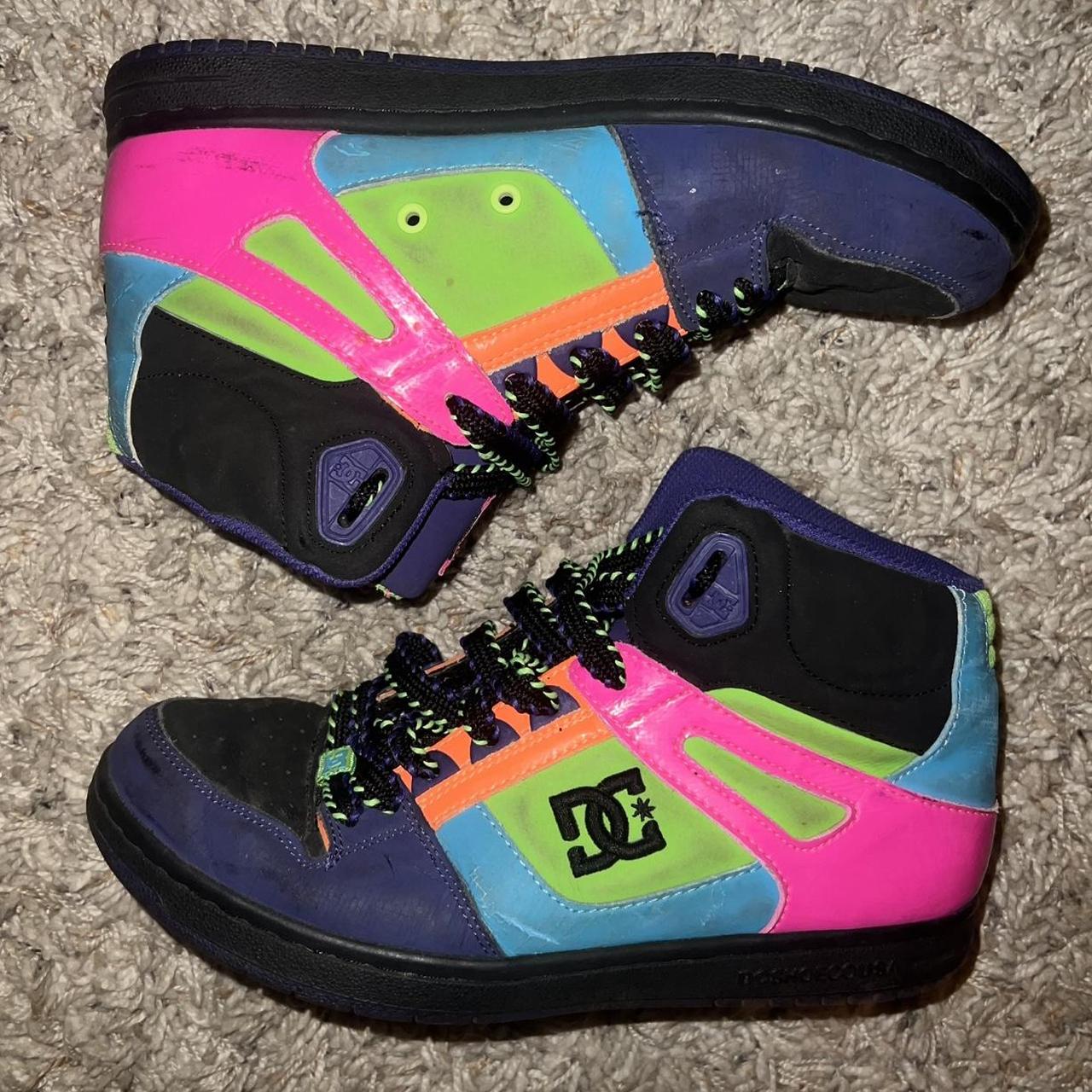 pink green purple orange and blue dc high top skate... | Depop