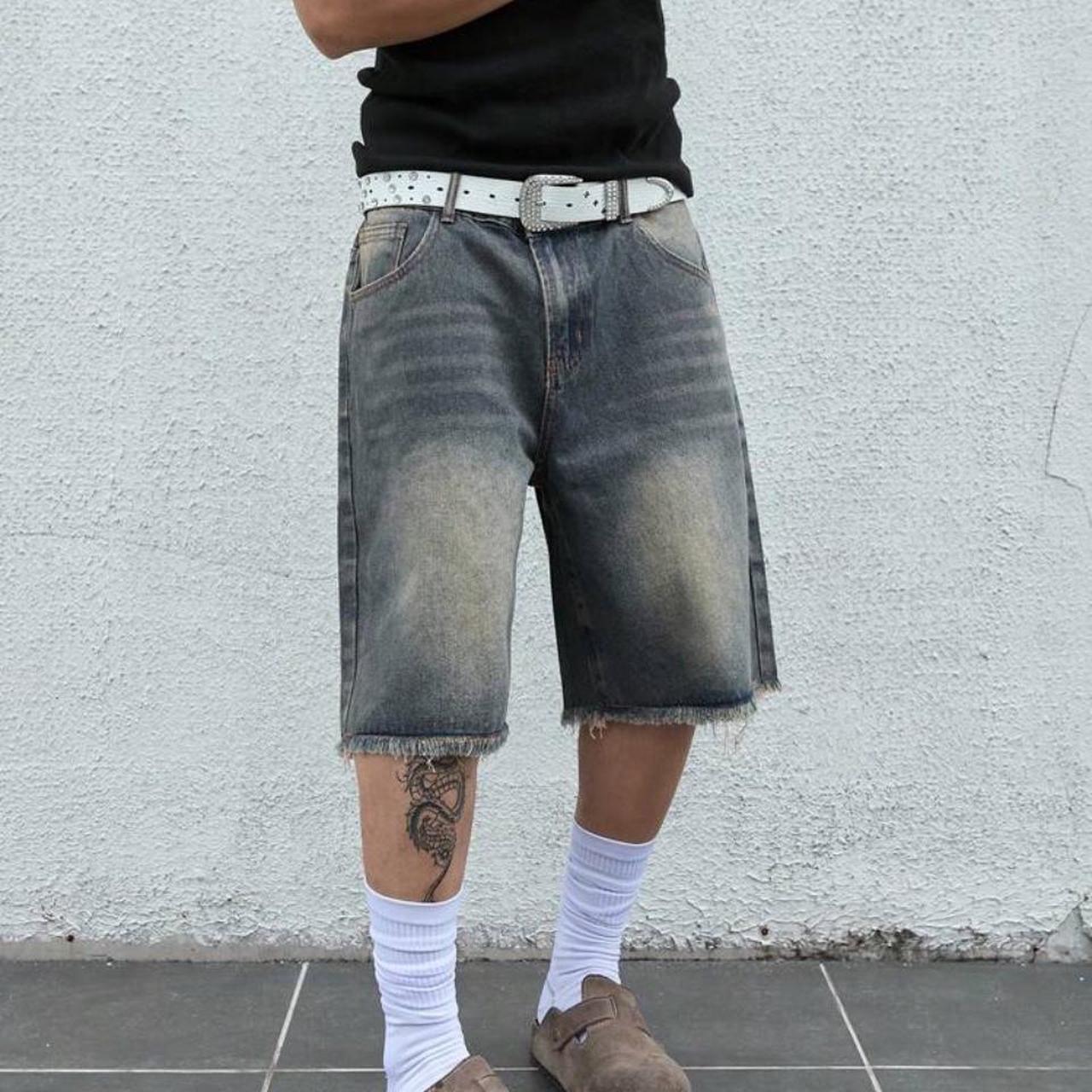 baggy vintage denim jorts with a tuff faded look... - Depop