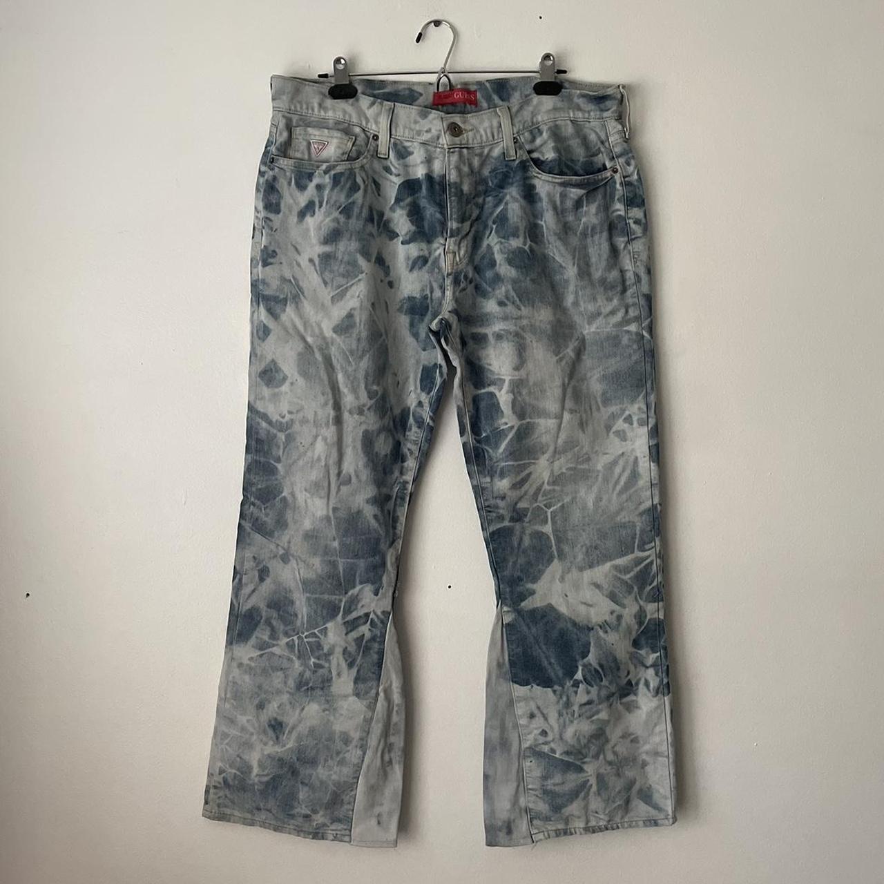 Blue and white acid wash Guess denim jeans with a... - Depop