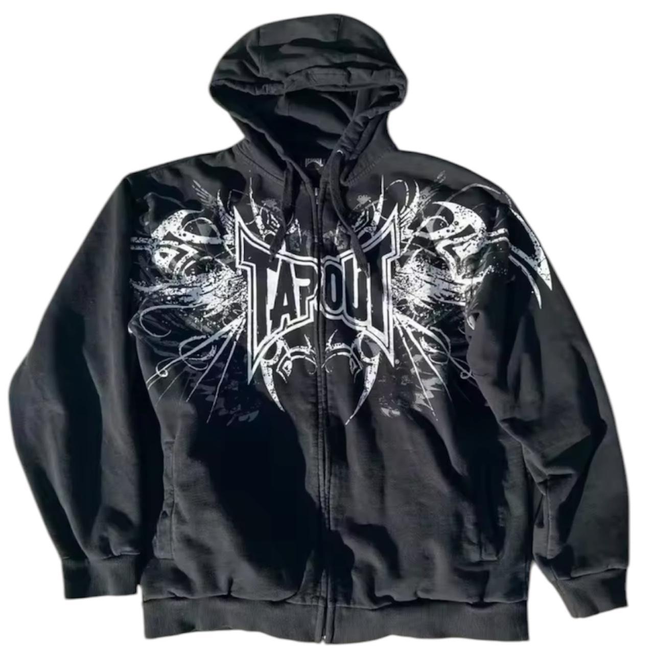 Black Tapout zip-up hoodie with skulls and crosses... | Depop