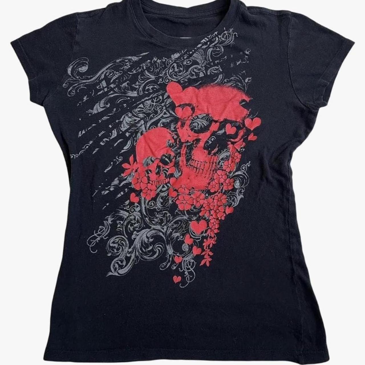 grunge y2k t-shirt with red skulls and silver... - Depop