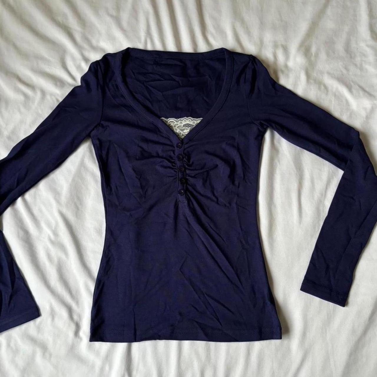 blue navy henley button long sleeve top with built... | Depop