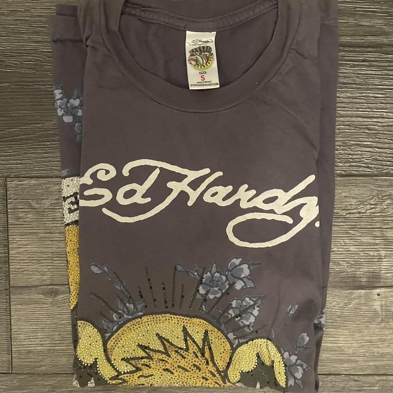 Ed Hardy grey and yellow t-shirt Size S... - Depop