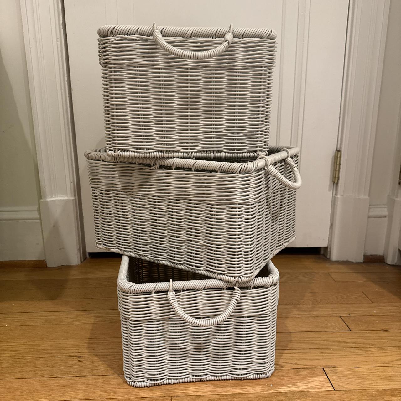 Gray wicker storage baskets from the Container Store... - Depop