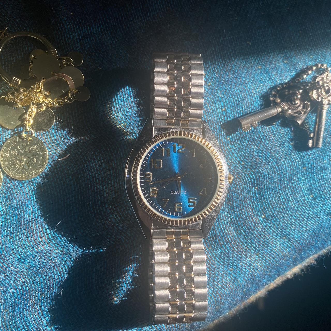 mixed metal analogue watch with blue face -colors:... - Depop