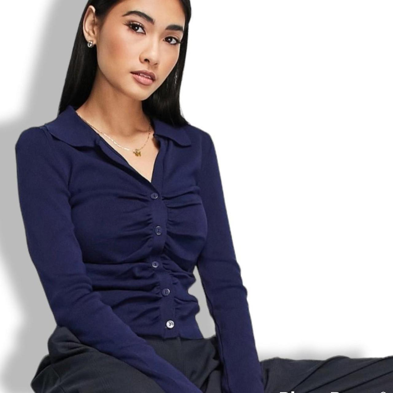 Mango navy blue knit long sleeve jumper / top / v -... - Depop