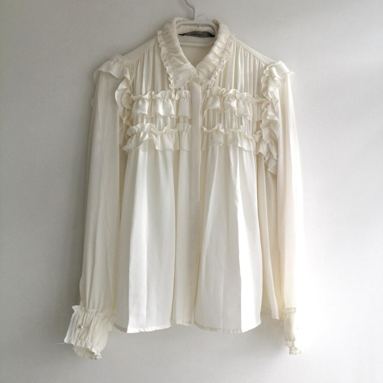 Zara ecru frill detail blouse. With collar / button... - Depop