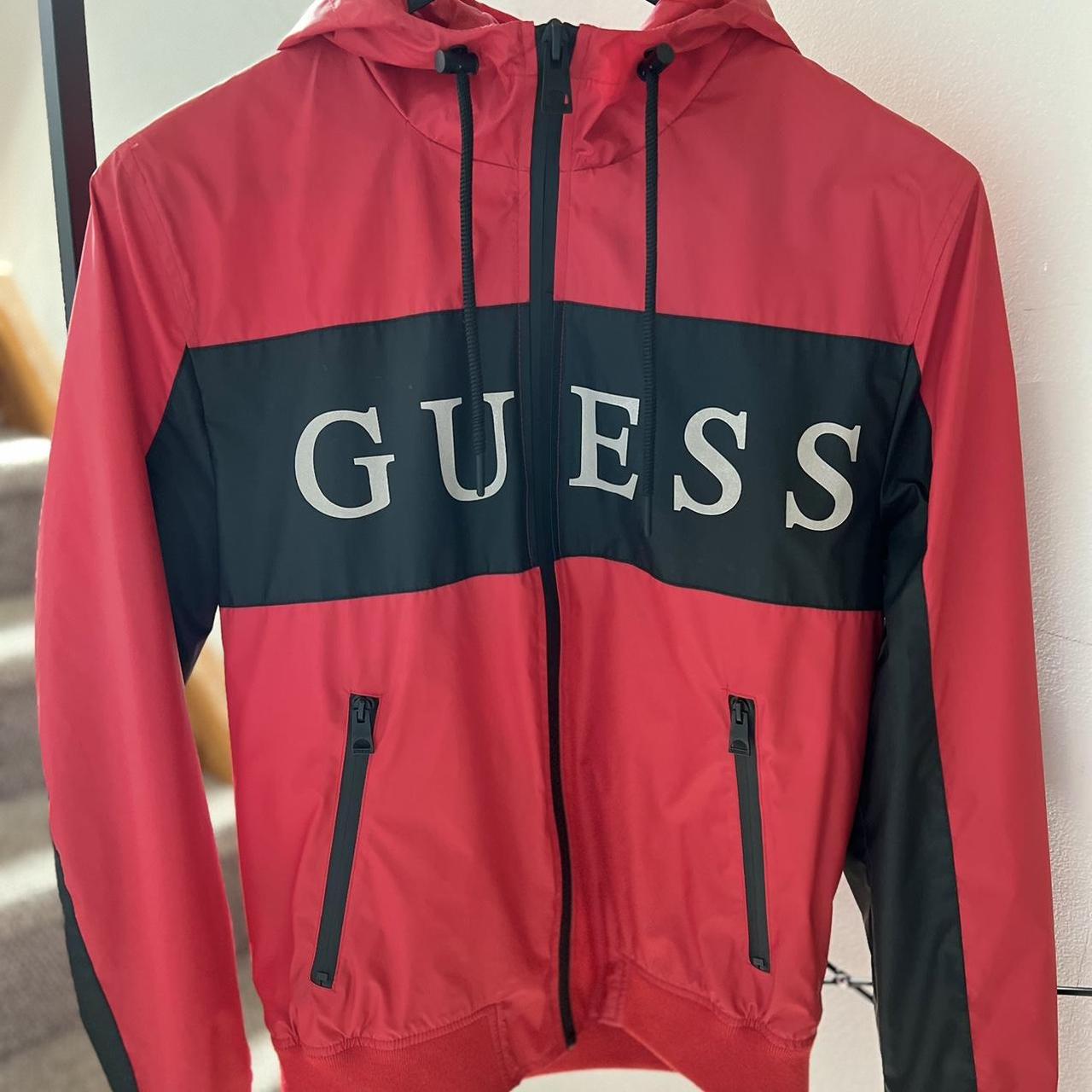 GUESS RED black large Logo Windbreaker zip up... - Depop