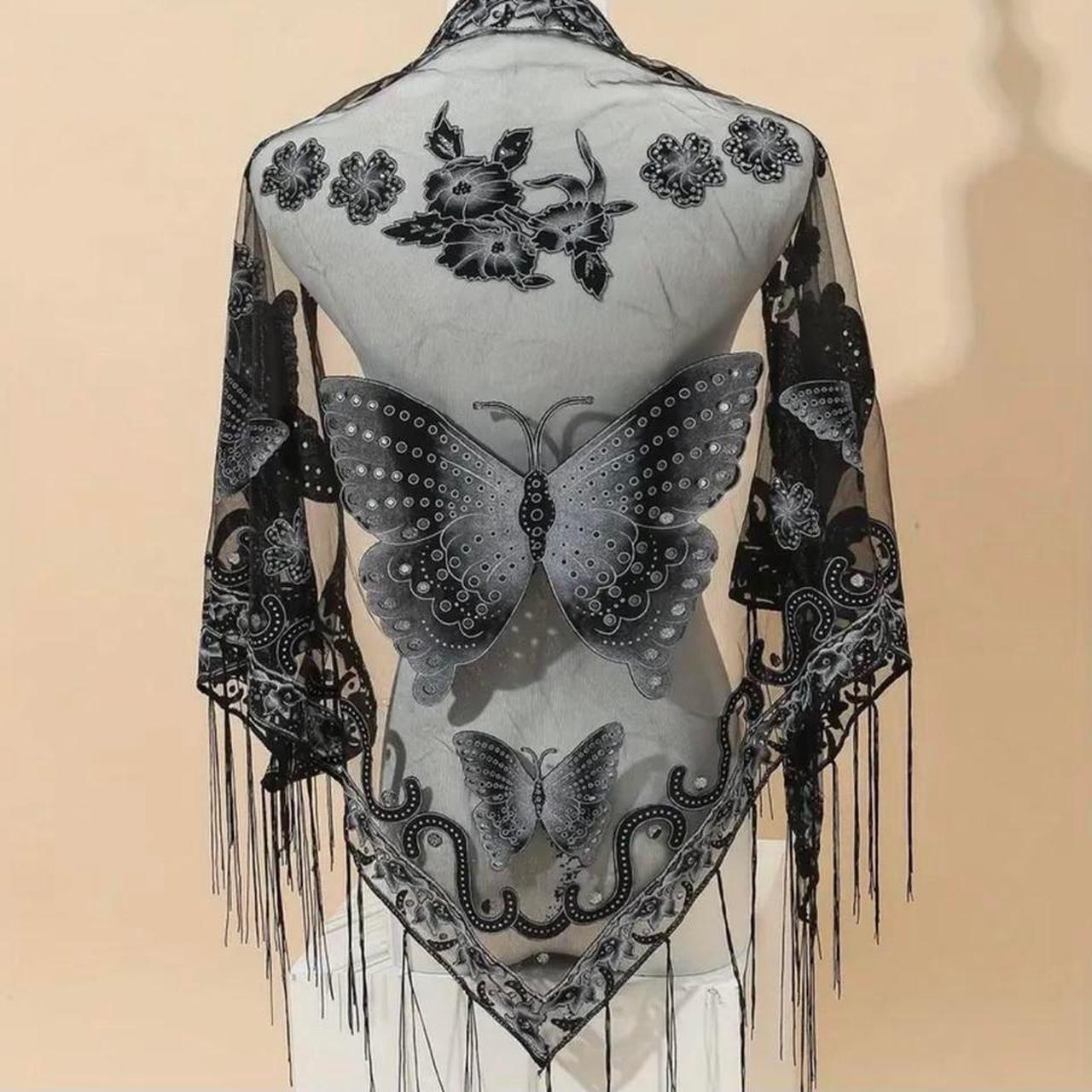 Black Bohemian Style Triangle Scarf Butterfly Flower... | Depop