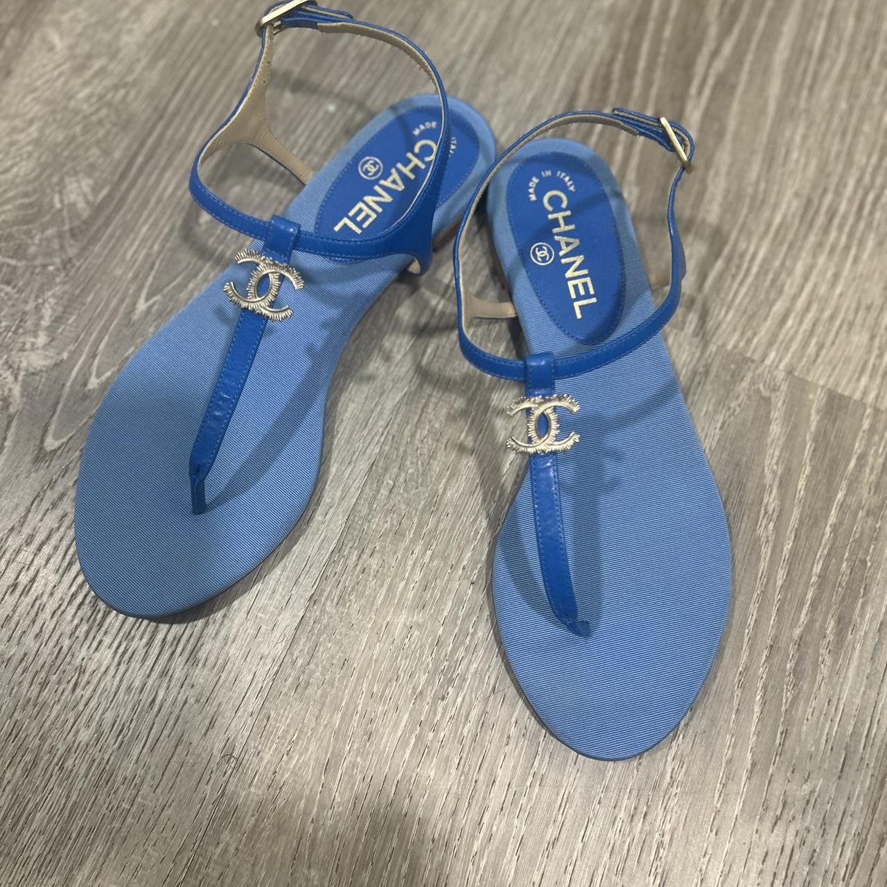 Chanel Blue Leather CC Thong Flat Ankle-Strap Sandals - Depop
