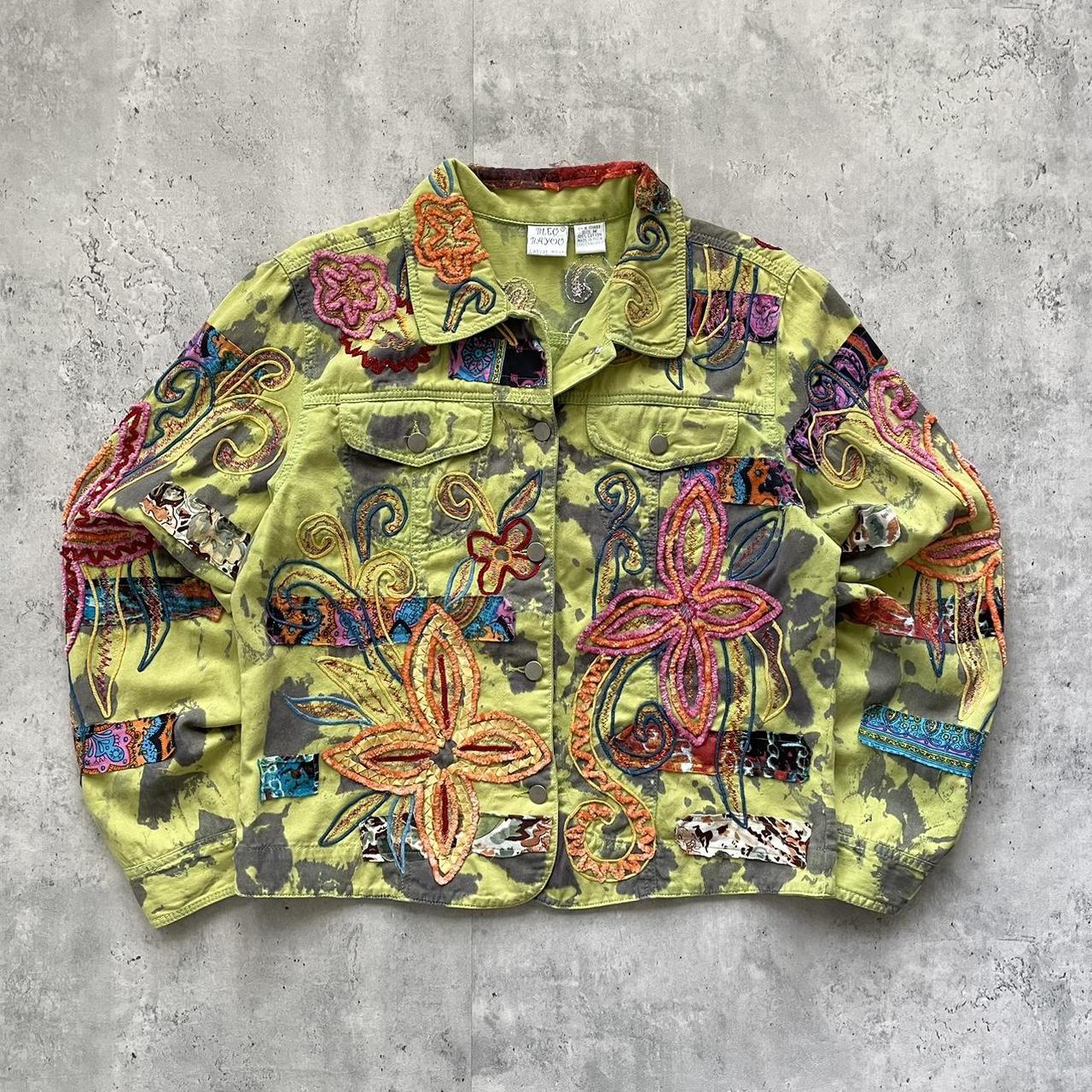 Vintage patchwork jacket Y2K green flowers womens... - Depop