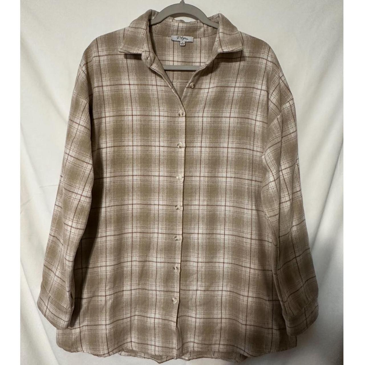 Large tan/brown/white flannel jacket/long sleeve.... - Depop