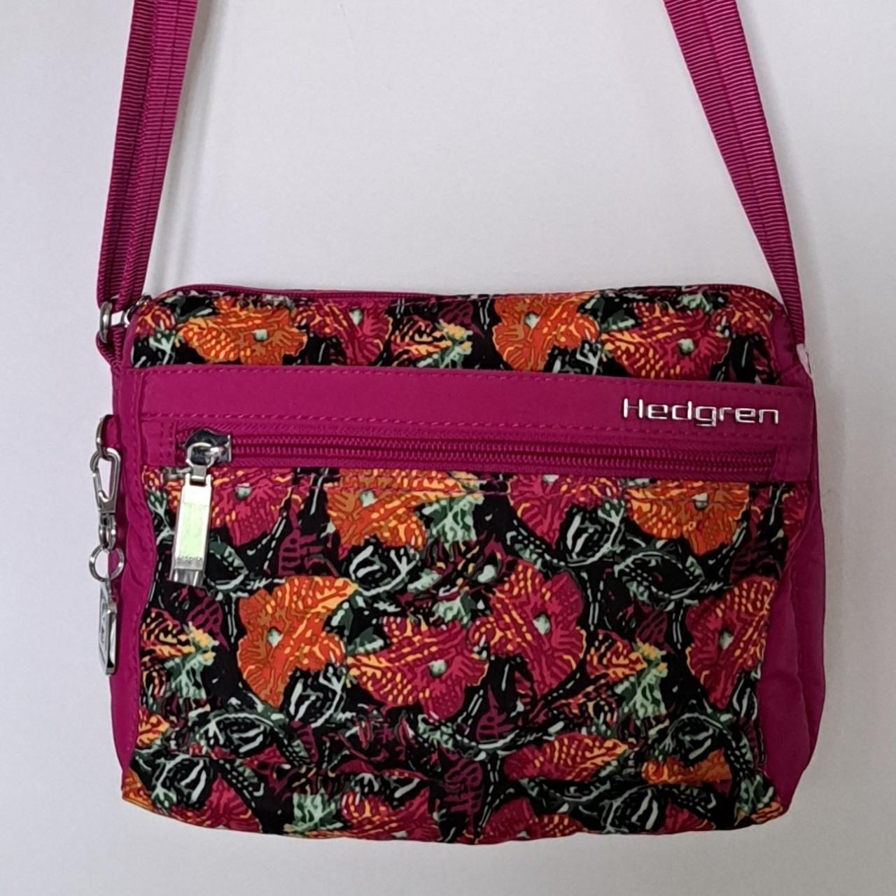 Hedgren Pink and Green Floral Handbag - Good... - Depop