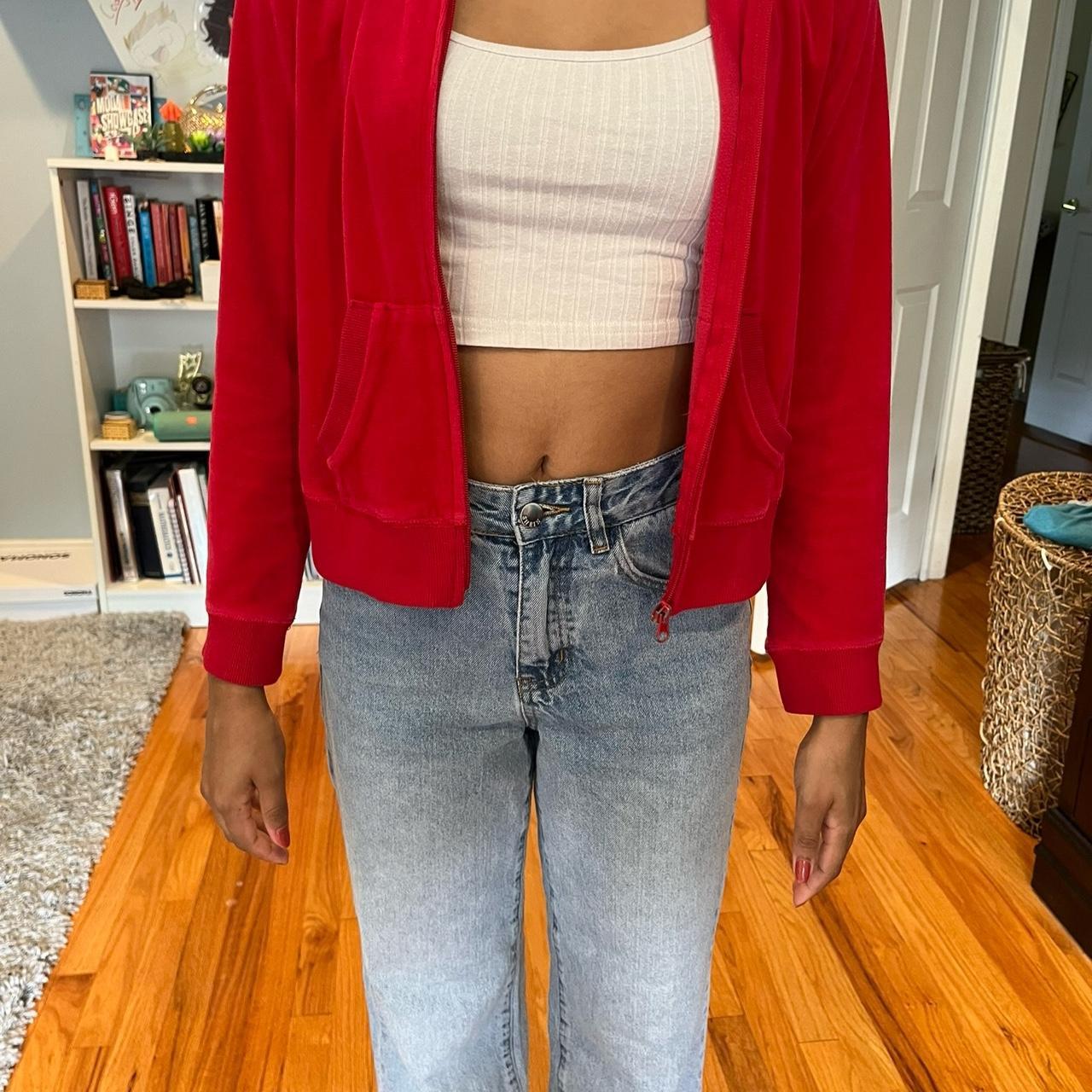 Pink Republic cropped zip up, velvet, red, lightly worn - Depop