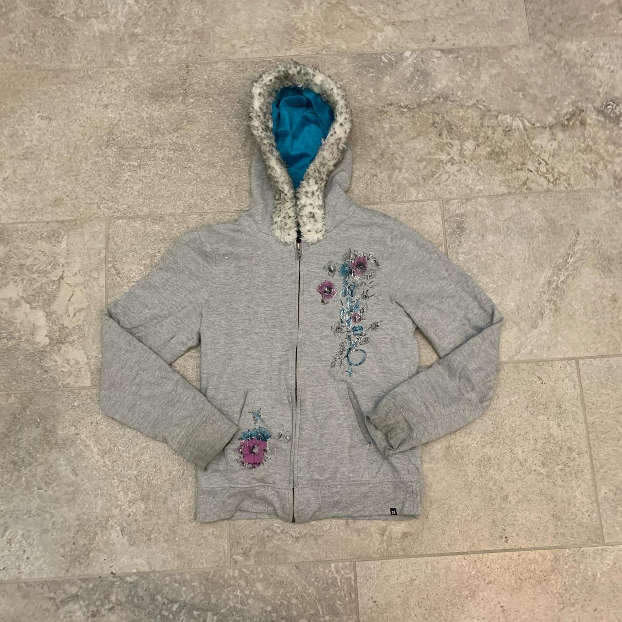 grey y2k hurley jacket with pink embroidery and fur... | Depop
