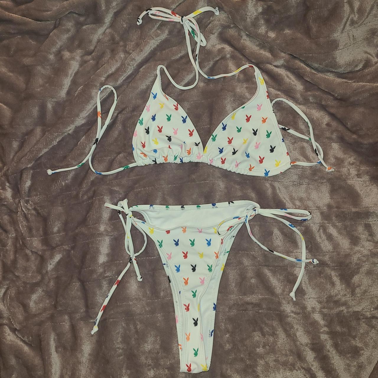 White and multi-coloured playboy bunny bikini set.... | Depop