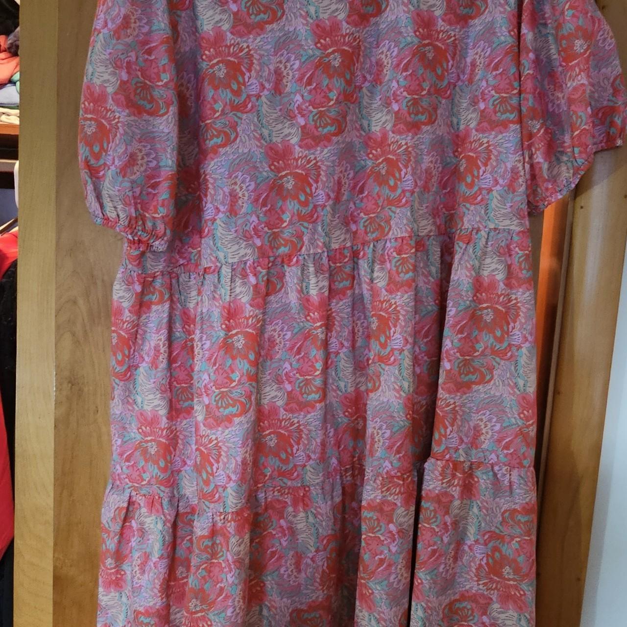 Pink and green floral midi dress with a boho vibe... | Depop