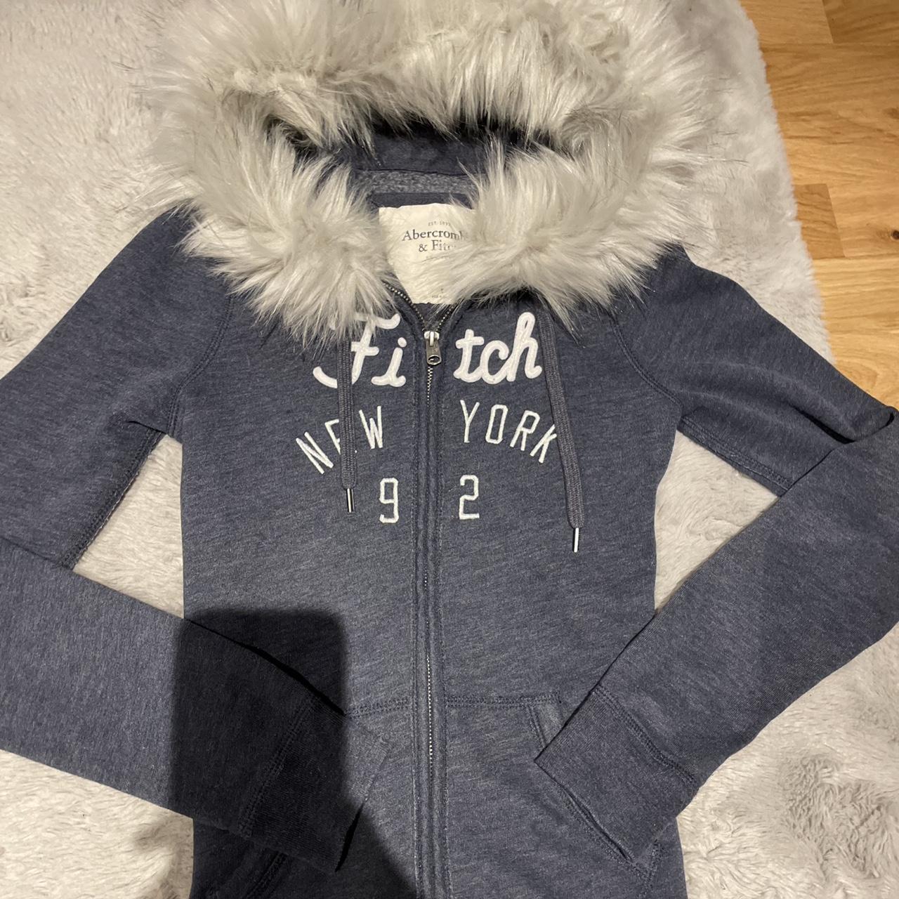 Navy blue Abercrombie & Fitch zip up hoodie with fur... | Depop