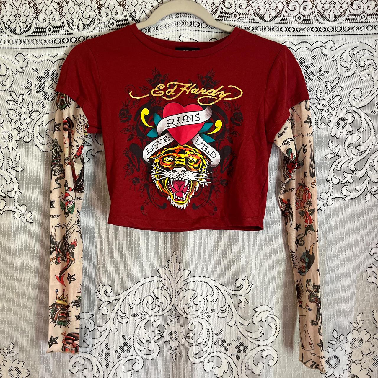 Ed Hardy red and cream layered look crop... | Depop