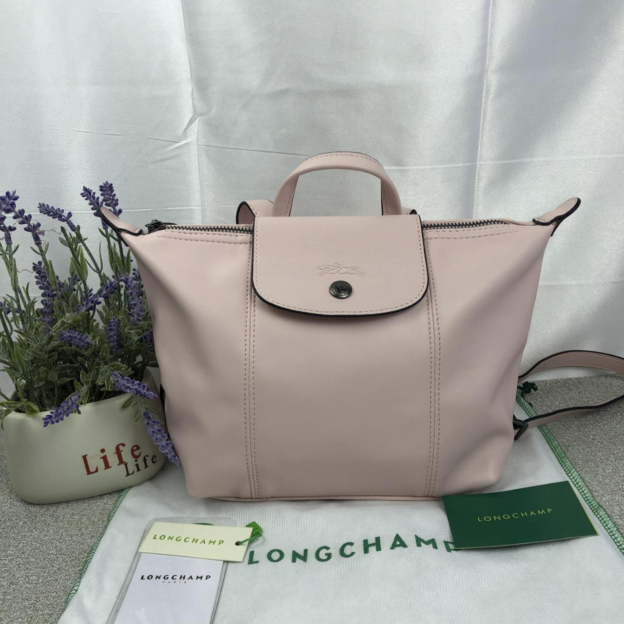 "Longchamp Le Pliage Leather Top Handle Backpack... - Depop