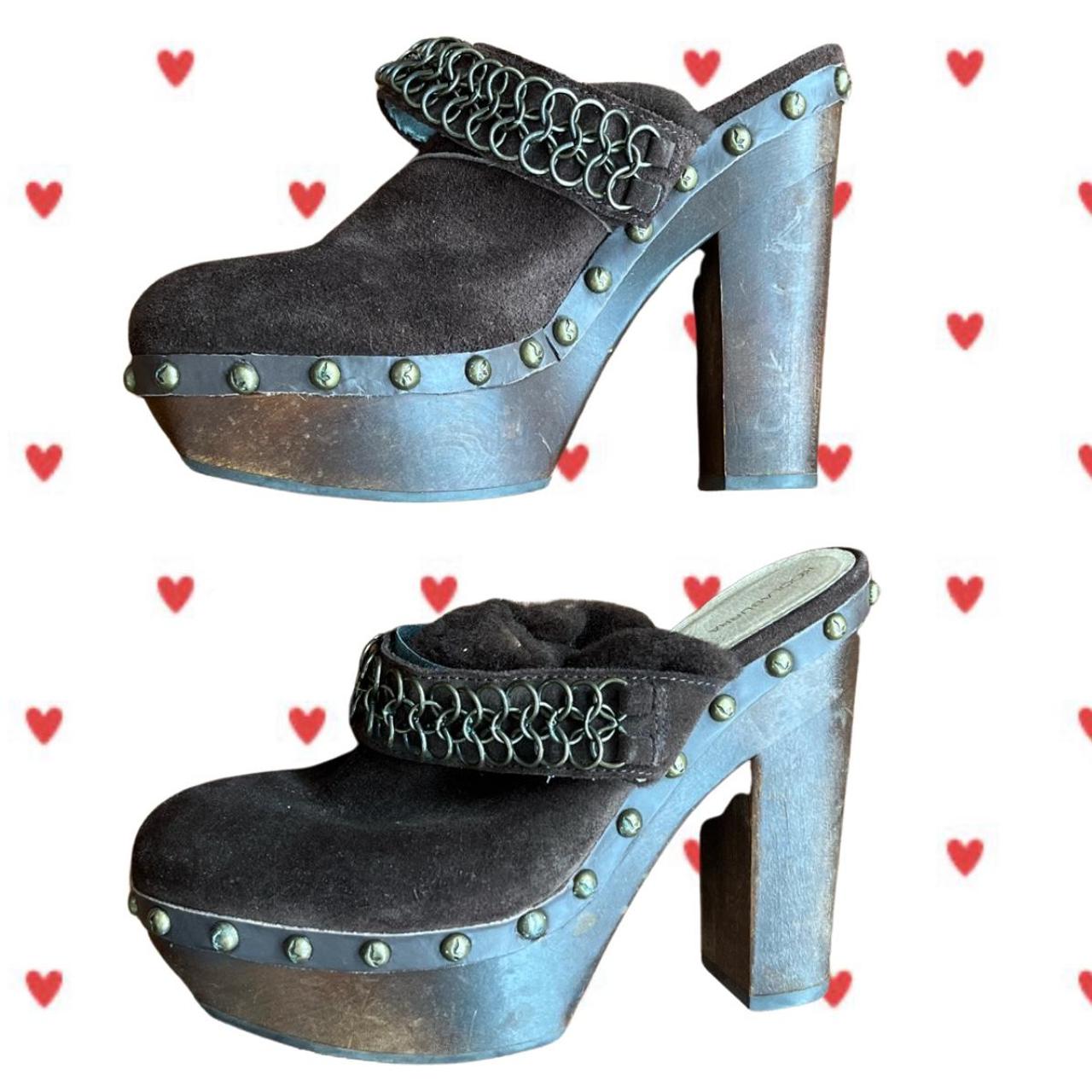 Wooden and leather heeled clogs Size 8 2 inch... - Depop