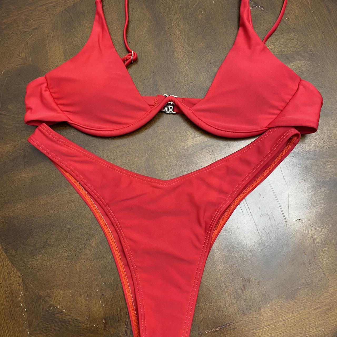 Red SHEIN swimsuit. Bottoms are a little distressed... - Depop