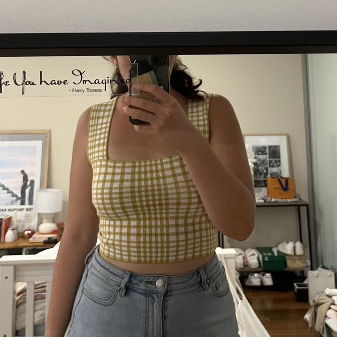 Yellow & white chequered top Stretchy material, very... - Depop