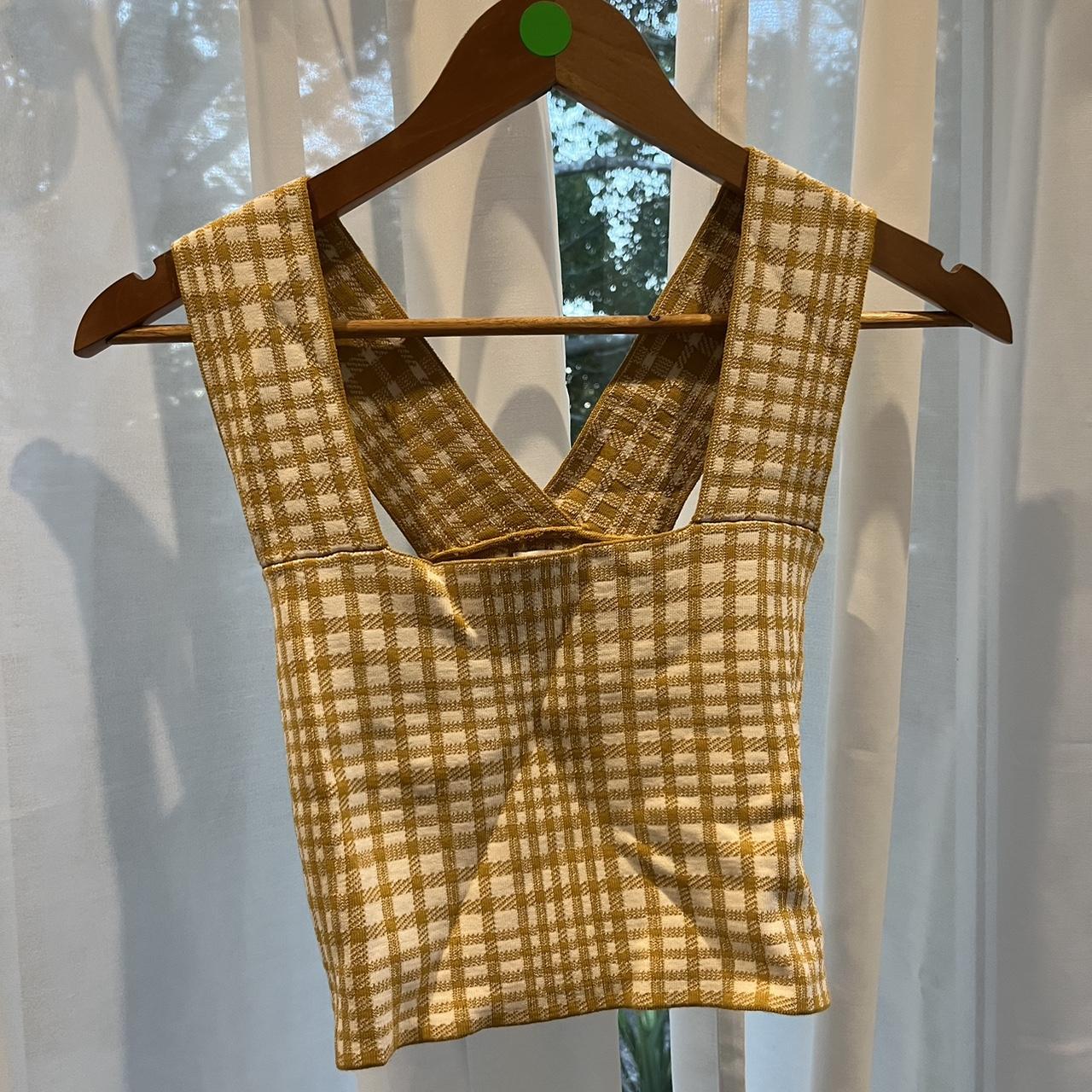 Yellow & white chequered top Stretchy material, very... - Depop