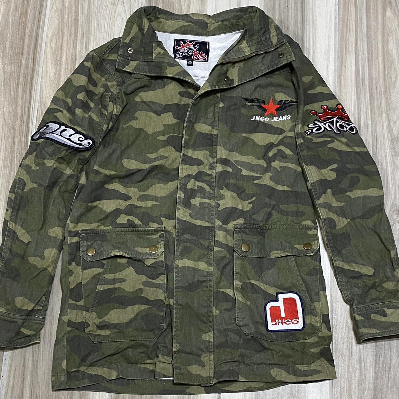 -camo print jnco jacket with embroidery and patches... - Depop