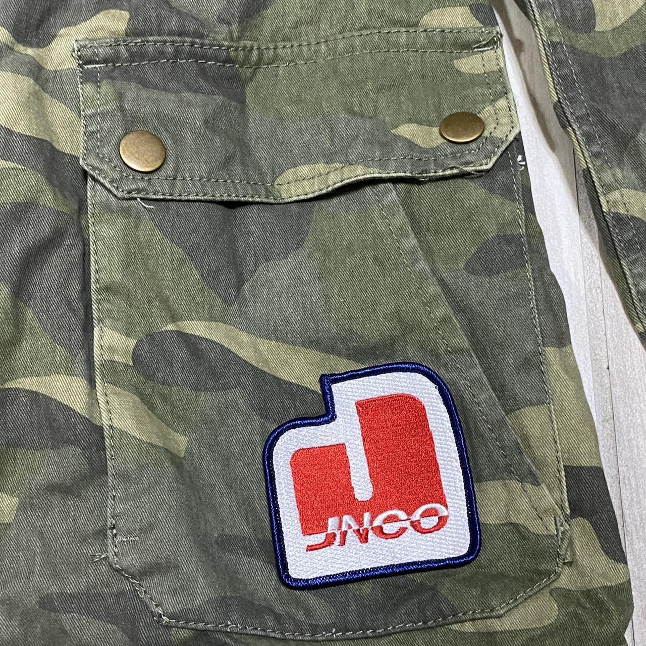 -camo print jnco jacket with embroidery and patches... - Depop