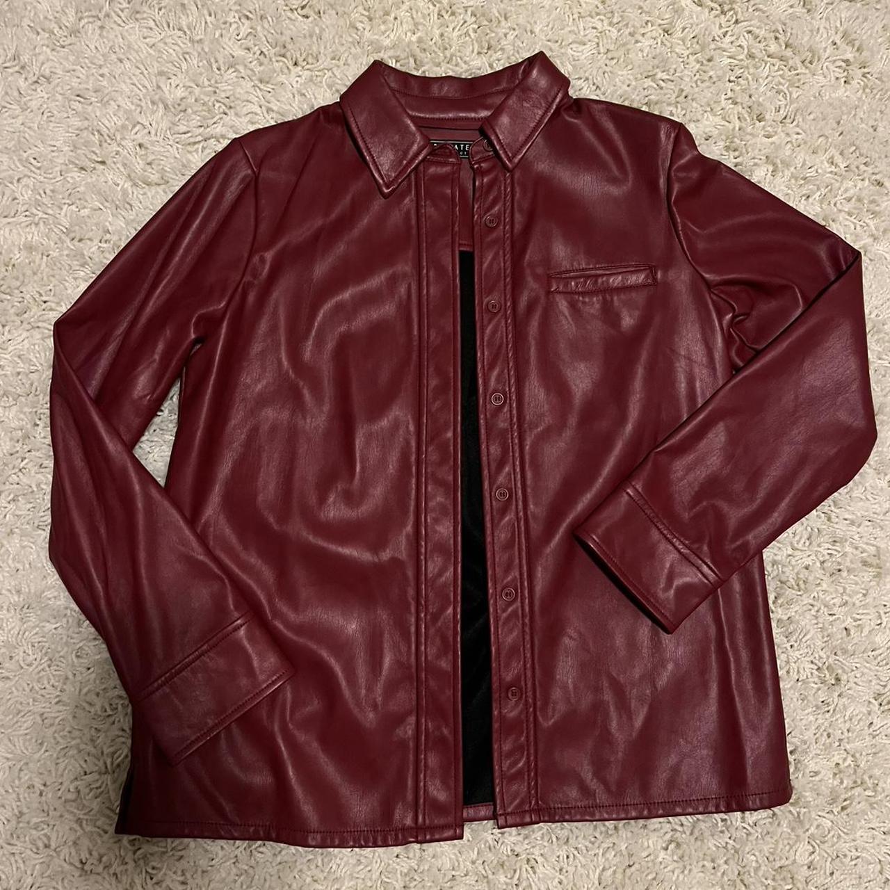 Burgundy Red Leather button-up jacket #leather... - Depop