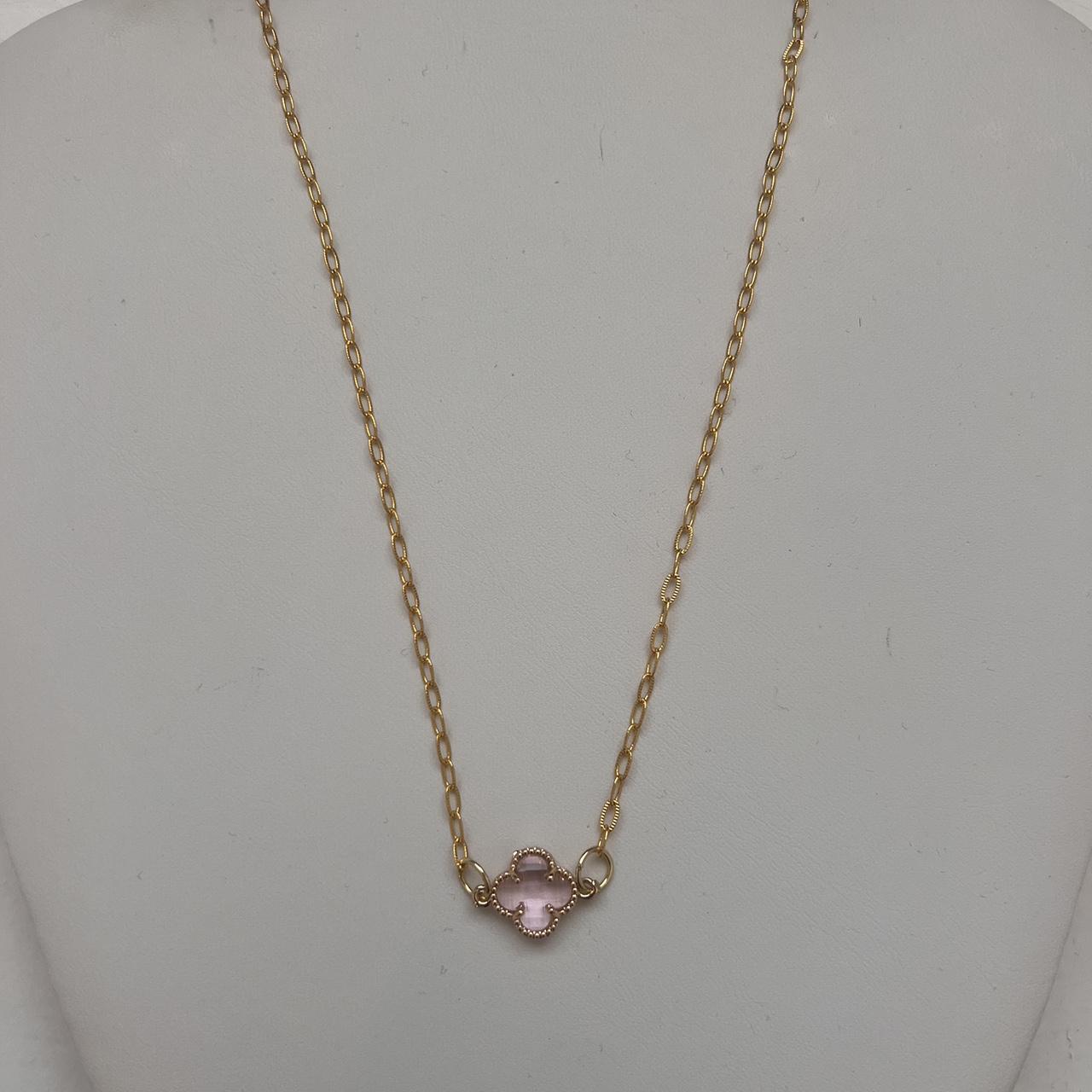 Pink clover necklace on gold paperclip chain. 17”... - Depop