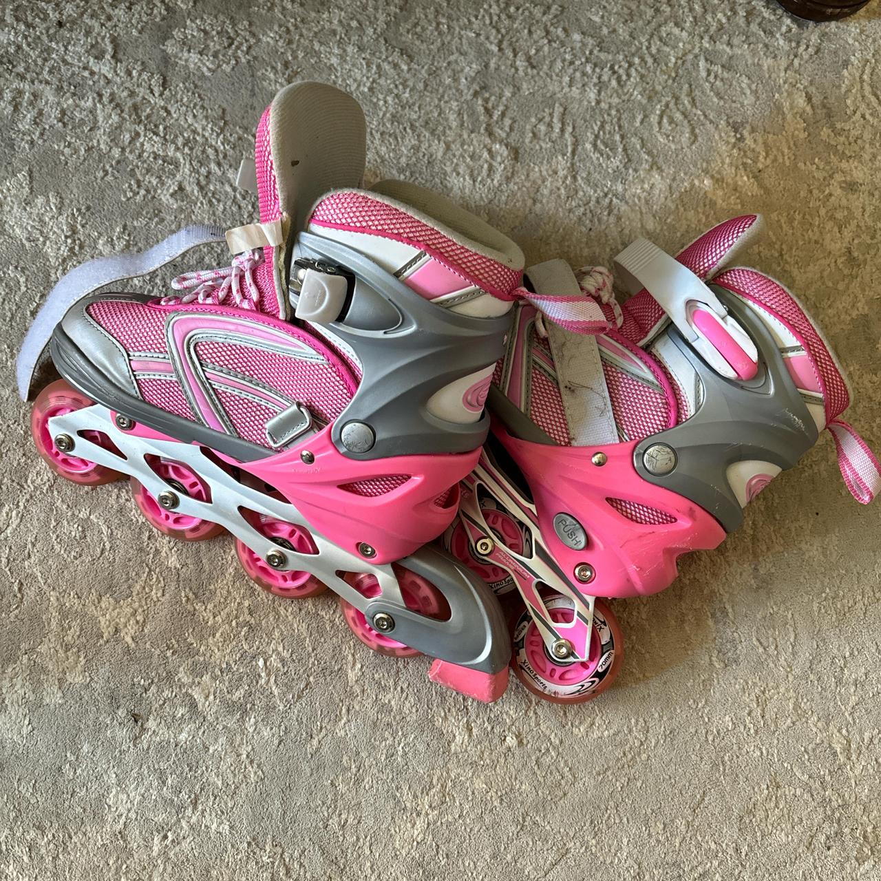Pink rollerblades girls light up rainbow wheels - Depop