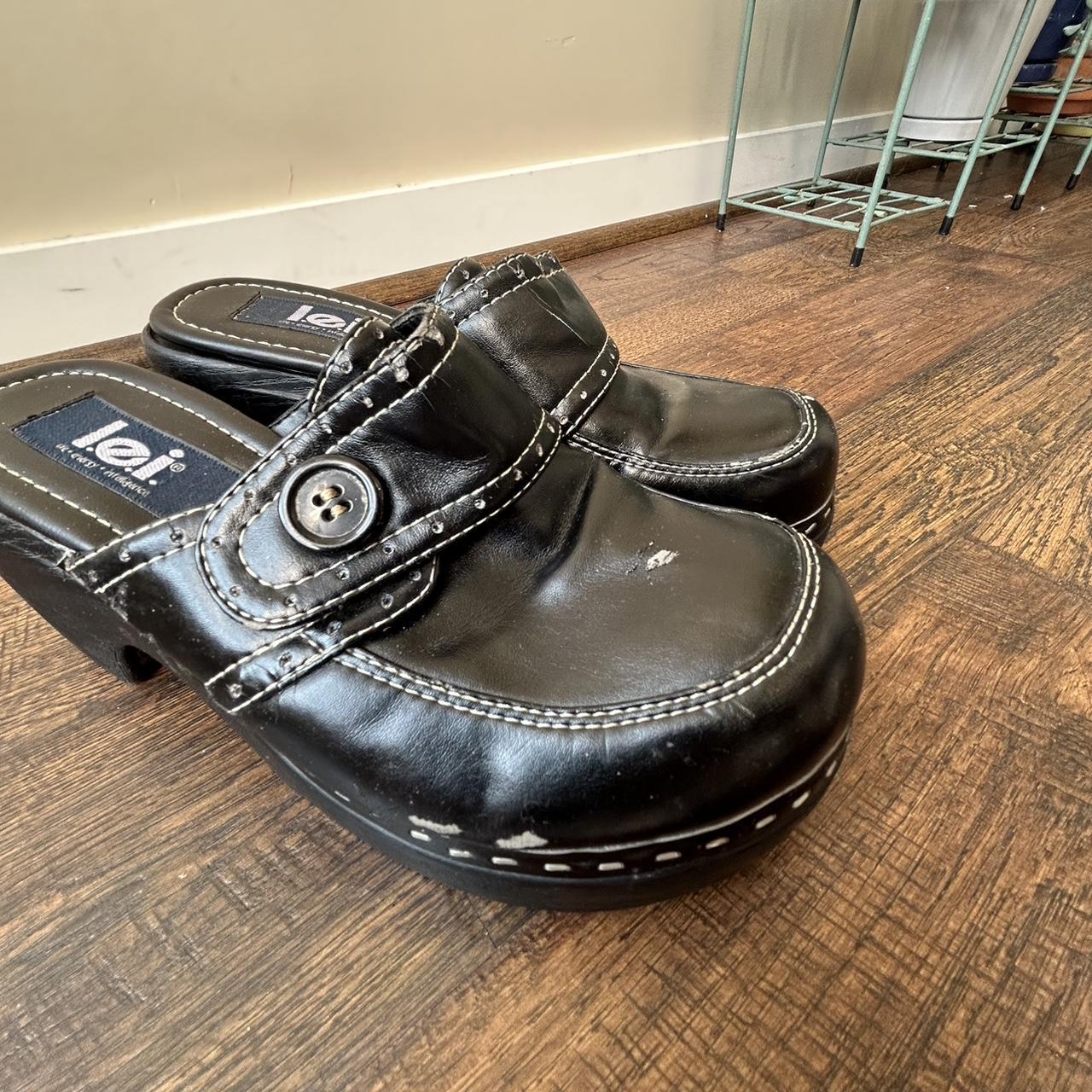 Vintage Lei Black Mary Jane clogs with a few scuffs... - Depop