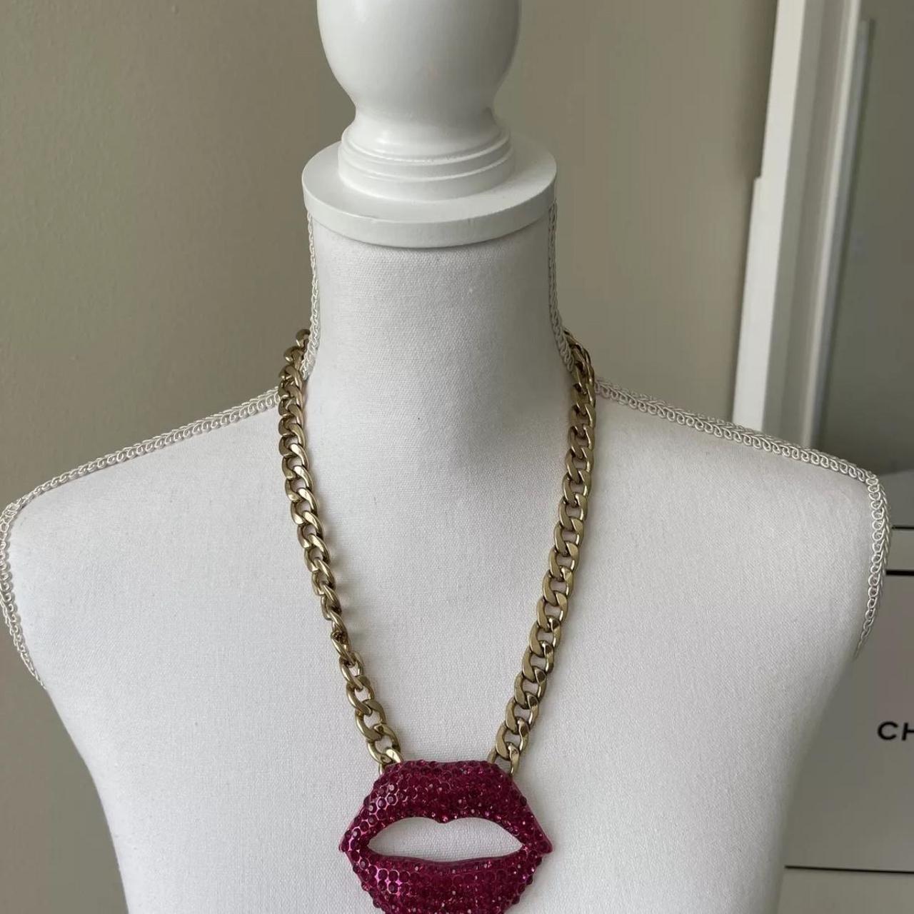 Natasha Pink Lips Crystal Rhinestone Pendant Necklace - Depop