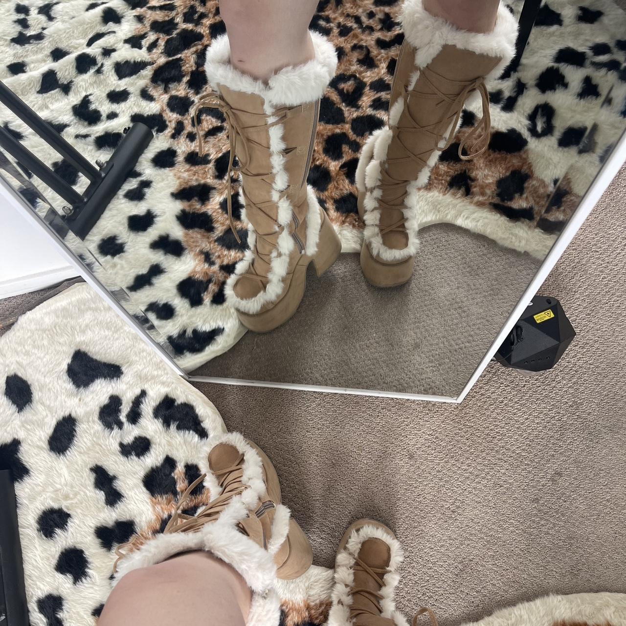 Demonia Platform Furry Tan Boots #festivalvibes... | Depop