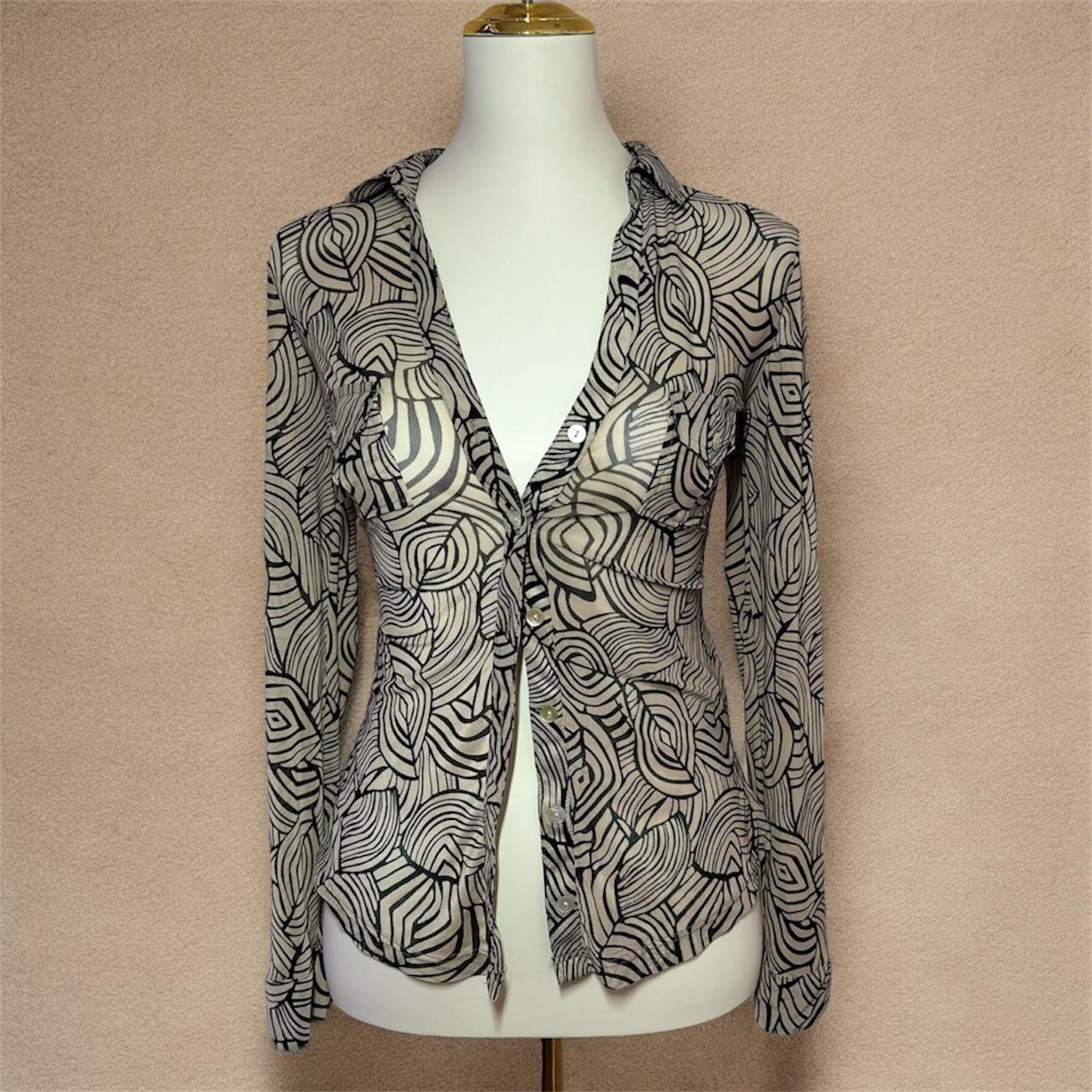 Tan/Light brown mesh button up blouse with black... | Depop