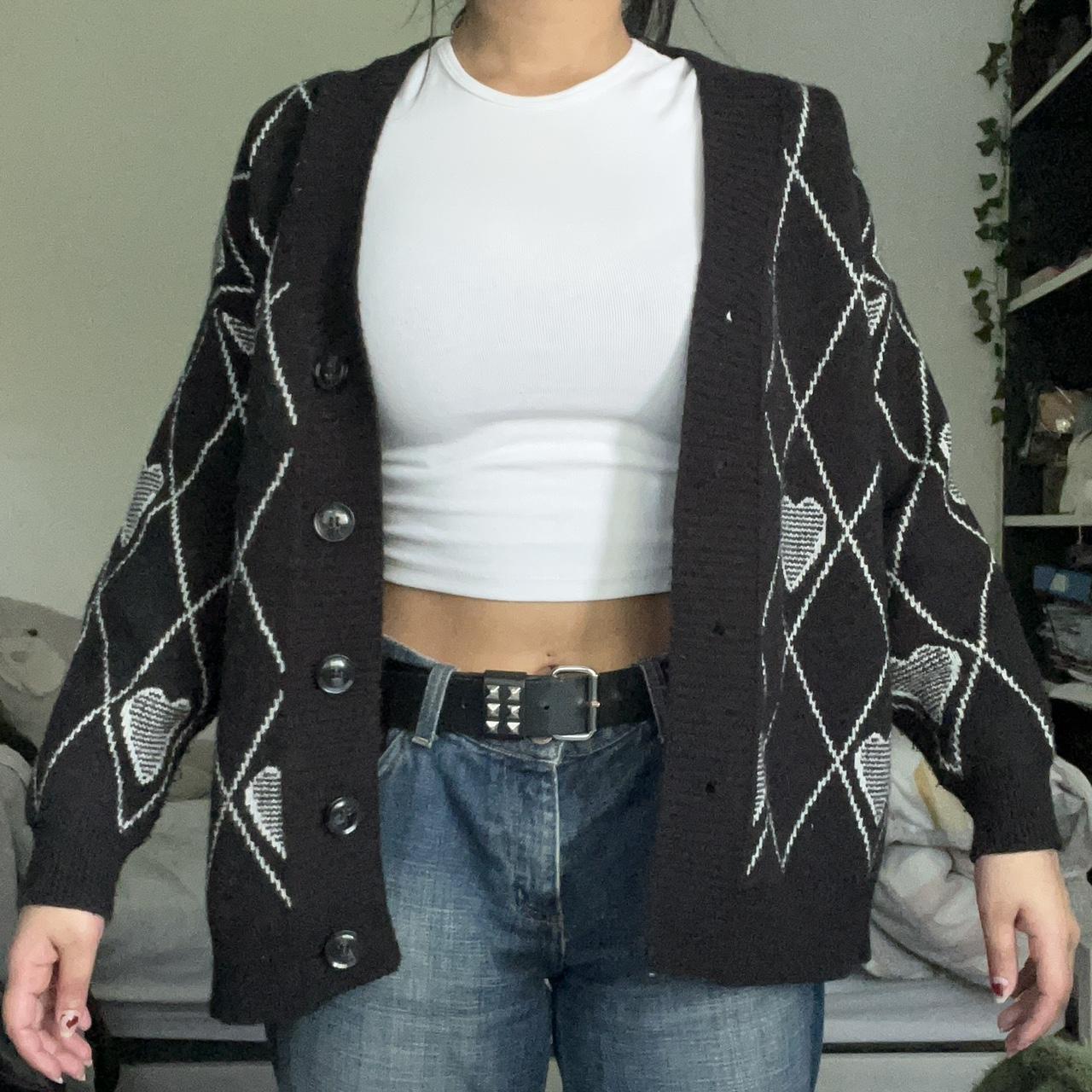 Black and white love heart cardigan - Depop