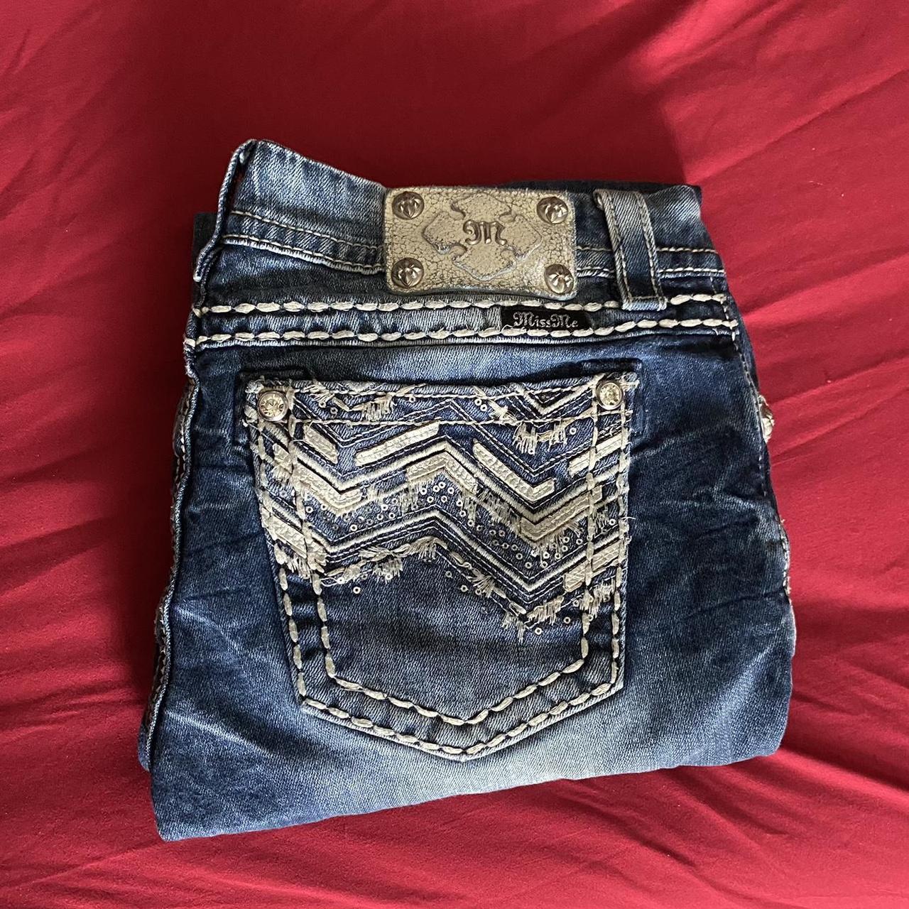 Miss Me blue and white embroidered rhinestone capri... - Depop