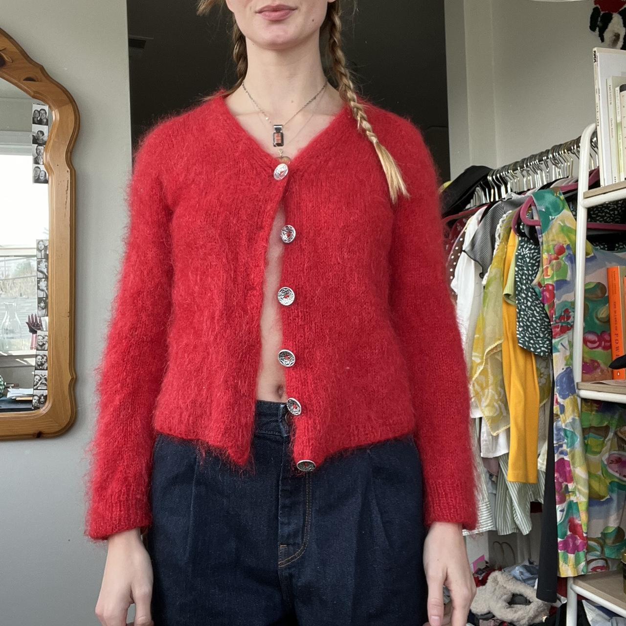 red fuzzy cardigan size small? a little itchy dm... - Depop