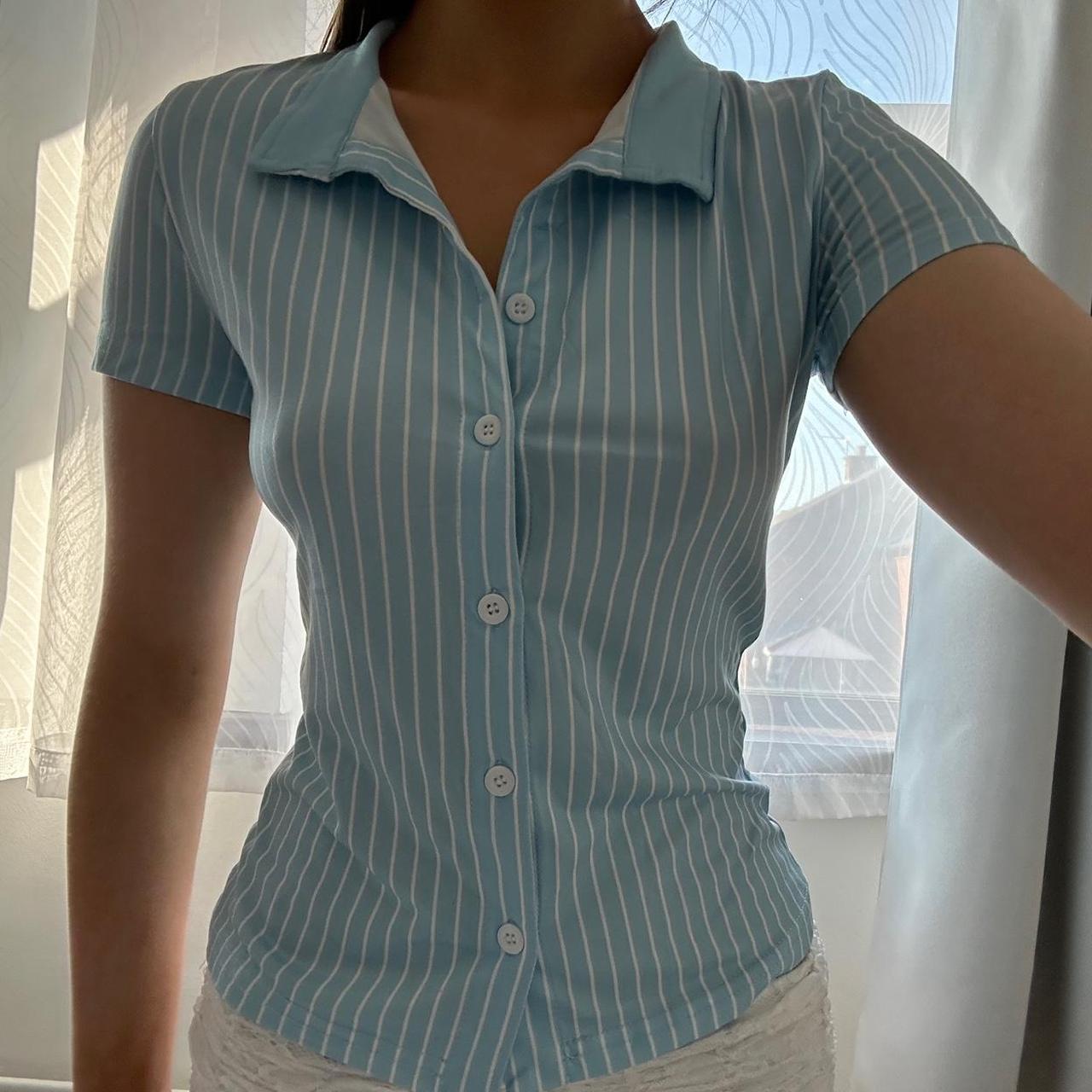 Light blue stripe button up collar polo shirt Size s... | Depop
