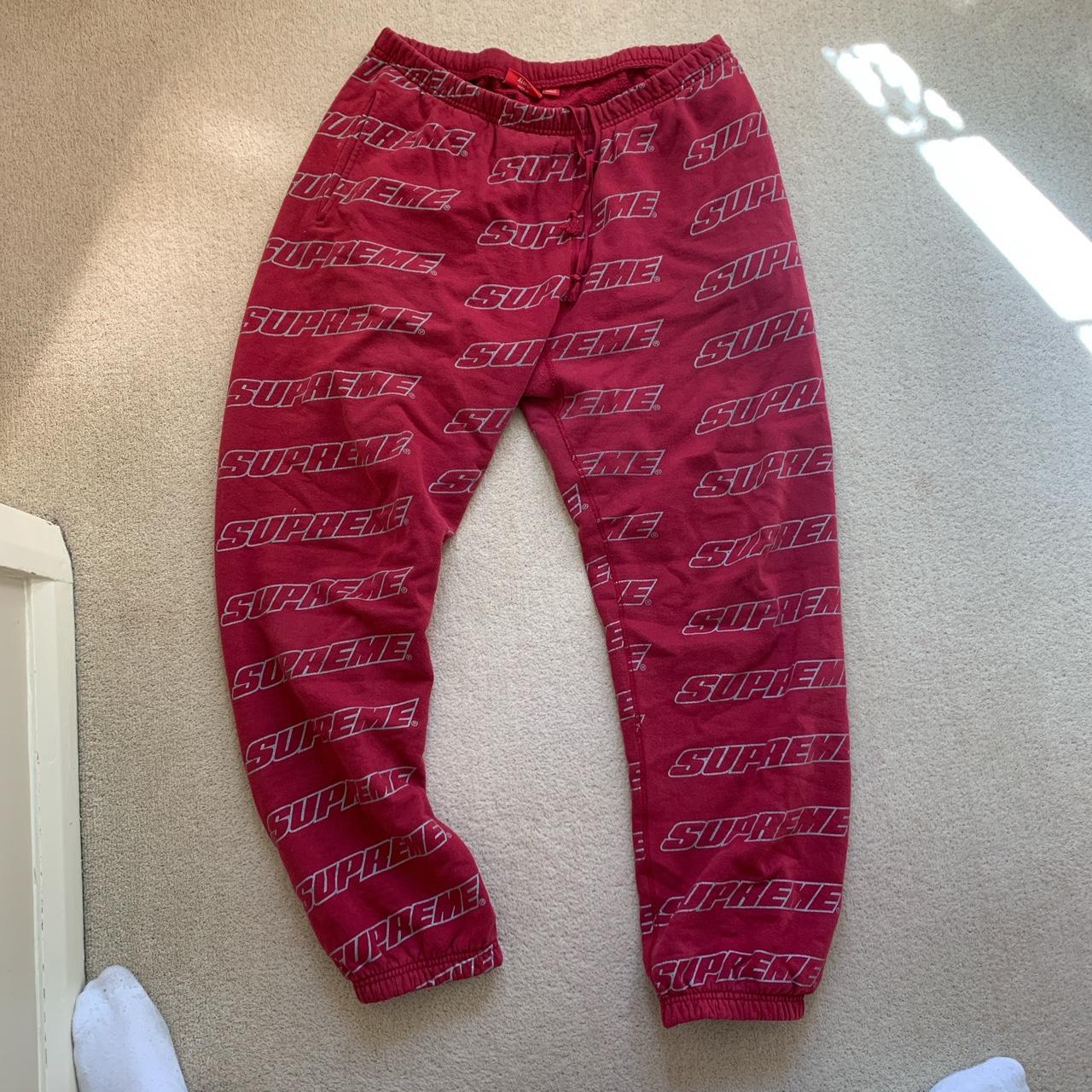 Red and grey supreme all over joggers #supreme... - Depop