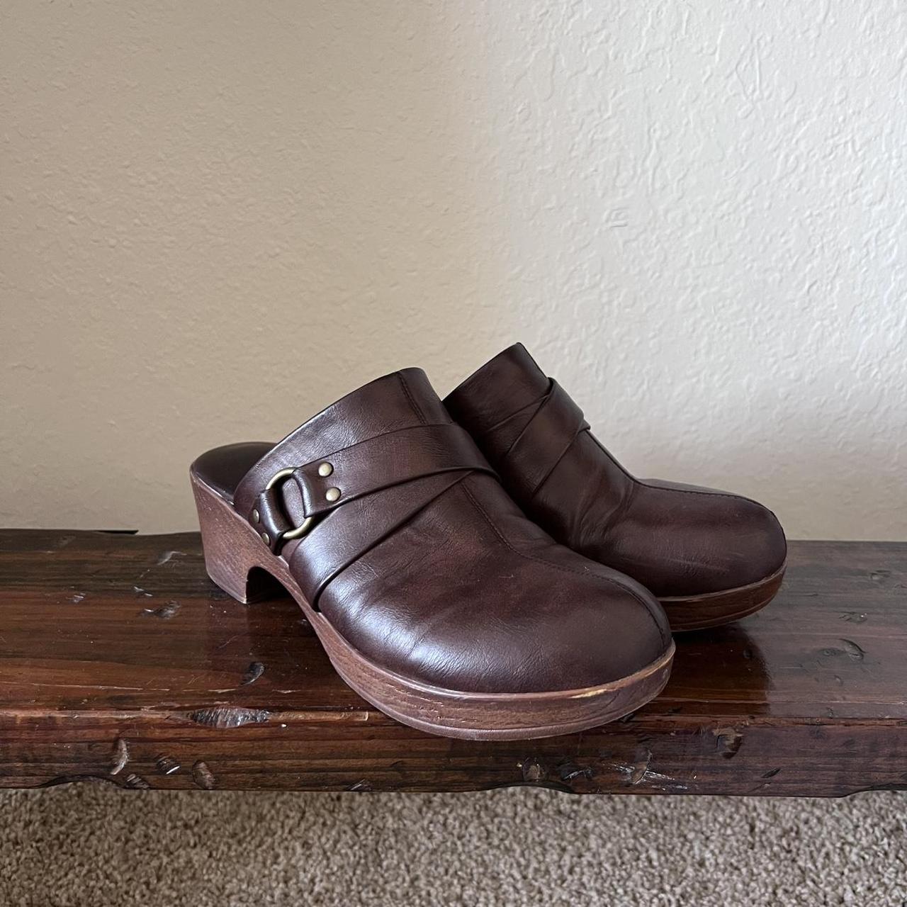 Brown buckle ring clogs Wooden design sole Minor... - Depop